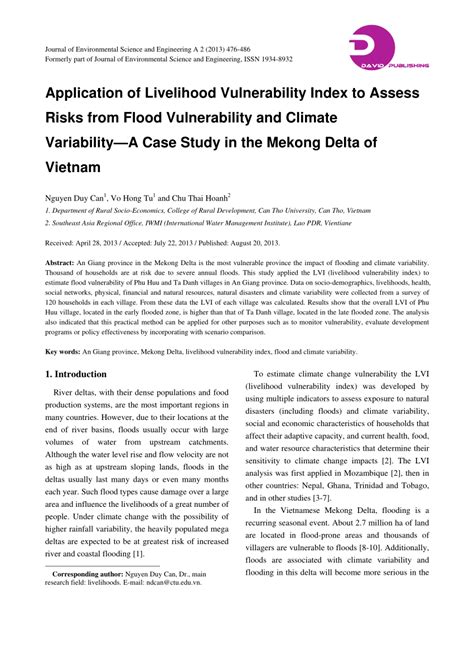 Pdf Application Of Livelihood Vulnerability Index To Assess Risks From Flood Vulnerability And