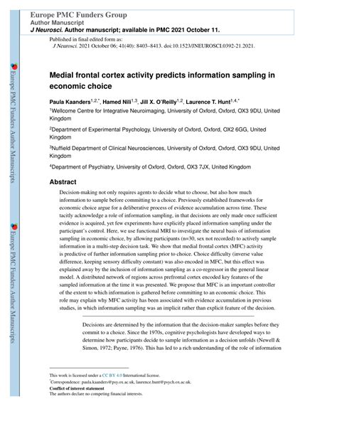 Pdf Medial Frontal Cortex Activity Predicts Information Sampling In Economic Choice