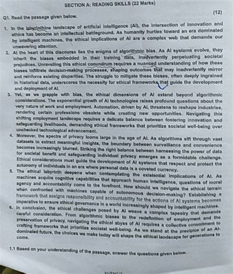 Section A Reading Skills 22 Marks Q1 Read The Passage Given Below 1