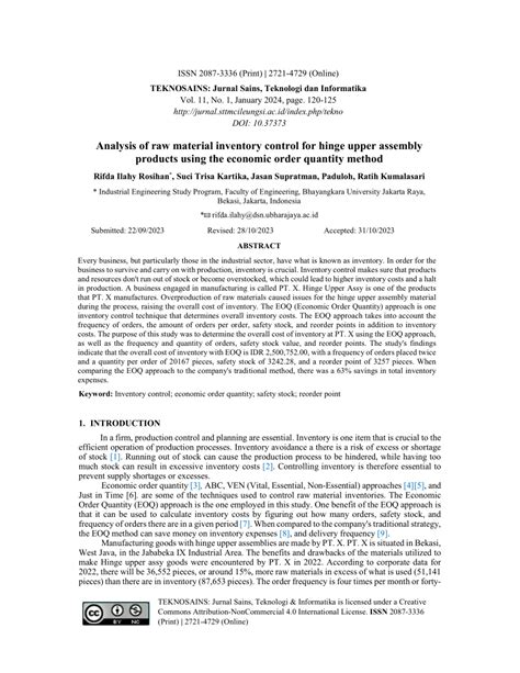 Pdf Analysis Of Raw Material Inventory Control For Hinge Upper Assembly Products Using The