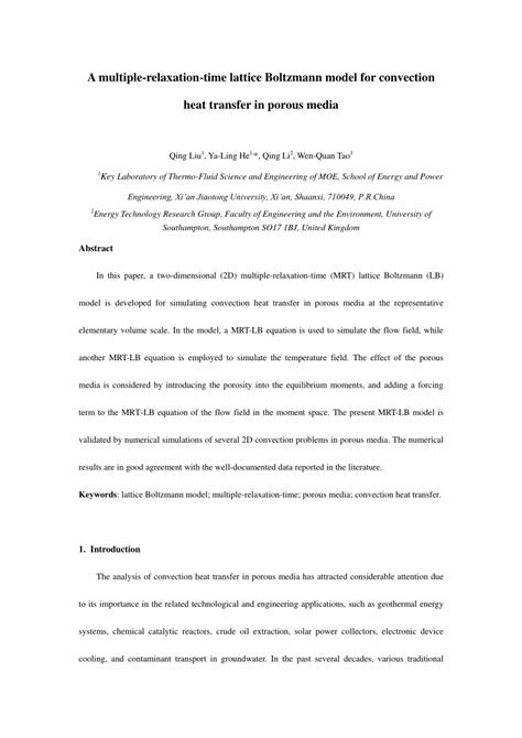 Pdf A Lattice Boltzmann Model For Convection Heat Transfer In Porous
