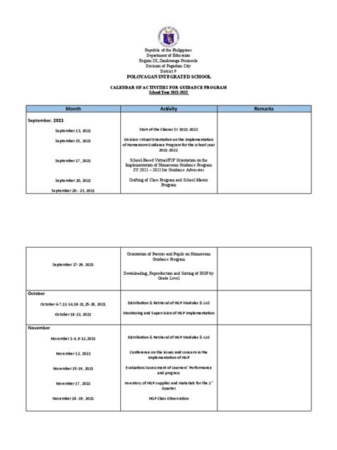 Calendar Of Activites For Guidance Program Pdf