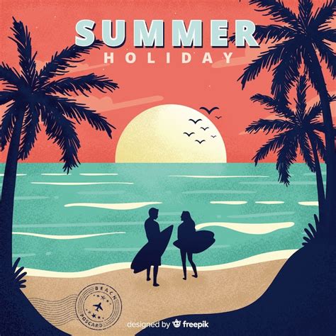 빈티지 여름 휴가 엽서 프리미엄 벡터