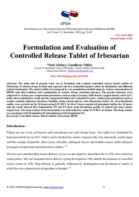 Pdf Formulation And Evaluation Of Controlled Release Tablet Of Irbesartan