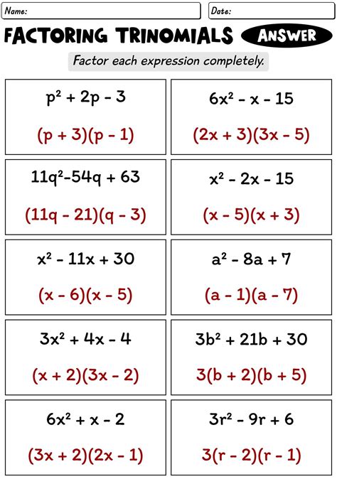 Trinomial Worksheet