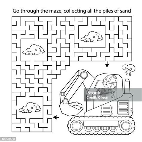 미로 또는 미로 게임 수수께끼 만화 크롤러 굴삭기의 색칠 페이지 개요 건설 차량 직업 아이들을위한 색칠 공부책 건설 산업에 대한 스톡 벡터 아트 및 기타 이미지 Istock