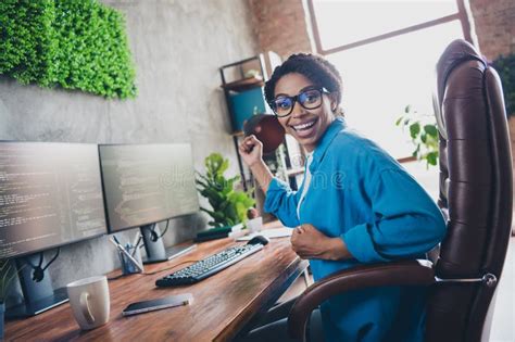 Photo Of Attractive Young Woman Coding Excited Developer Win Wear Blue Shirt Modern Office