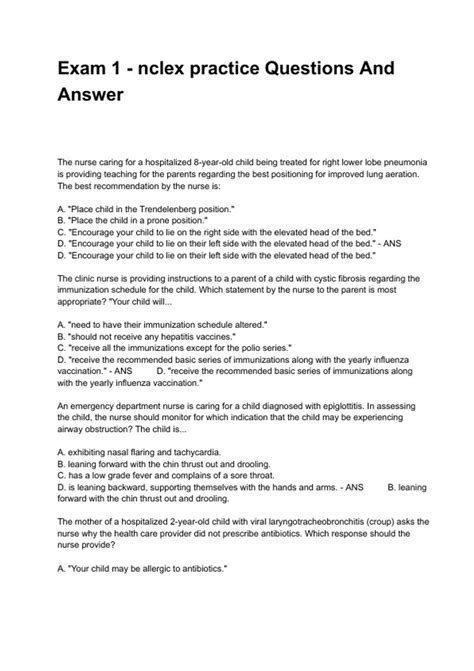 Exam 1 Nclex Practice Questions And Answers Pcciv Stuvia Us