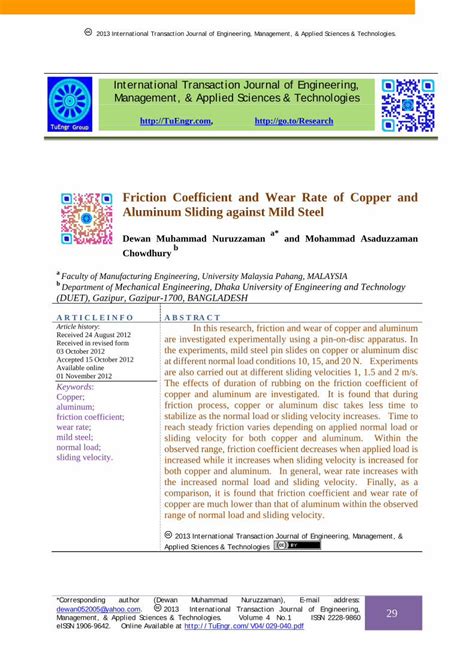 Pdf Friction Coefficient And Wear Rate Of Copper And V04