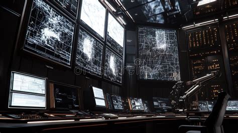 Futuristic Control Room With High Tech Monitors Displaying Data And Graphics At Night Stock