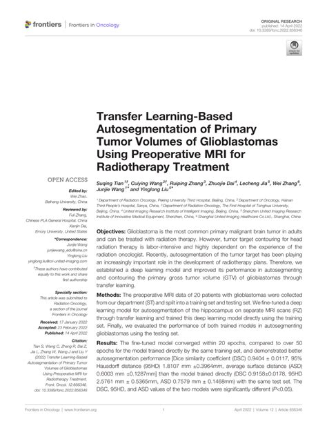 Pdf Transfer Learning Based Autosegmentation Of Primary Tumor Volumes Of Glioblastomas Using