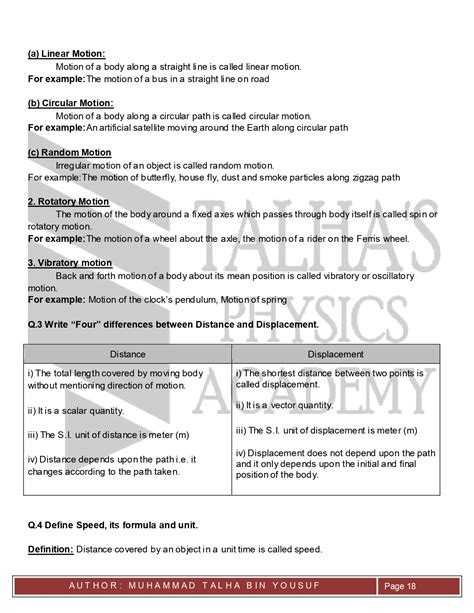 Talhas Physics Academy Class Ix Unit 2 Kinematics Theory Notes