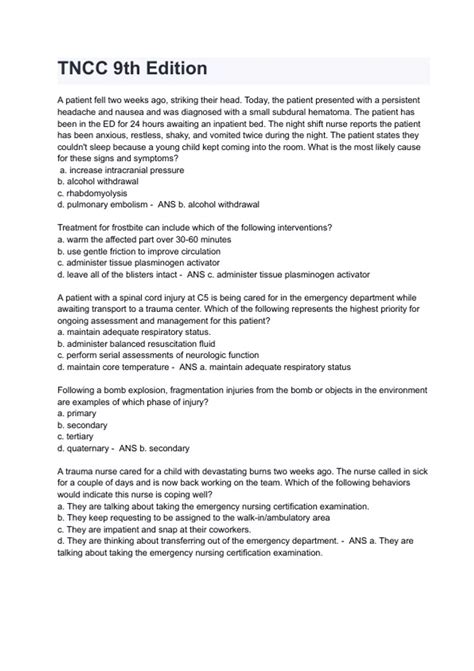 Tncc 9th Edition Exam Questions With Correct Answers 2024 A Graded 100 Verified Tncc