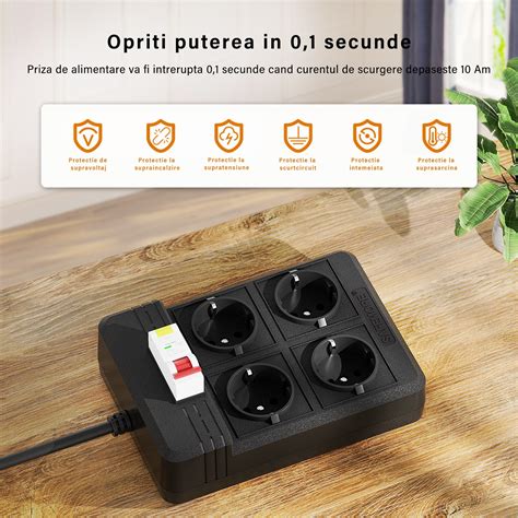 Удължителен кабел тип кула Safemore 4 гнезда Rcd прекъсвач защита от пренапрежение 3m черен