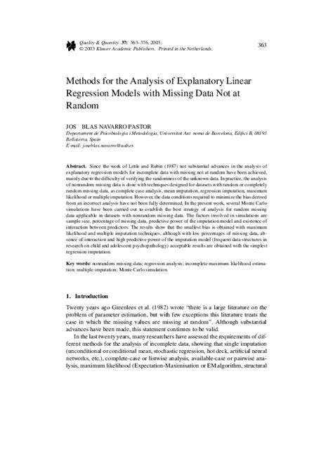 Pdf Methods For The Analysis Of Explanatory Linear Regression Models With Missing Data Not At