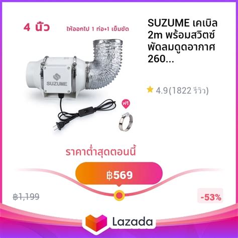 Suzume เคเบิล 2m พร้อมสวิตซ์ พัดลมดูดอากาศ 2600 หมุนต่อนาท พัดลมห้องครัว เสียงเงียบ พัดลมดูดควัน