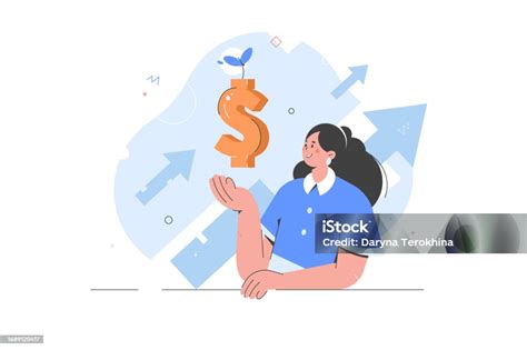 금융 증가 개념 그림입니다 여성 캐릭터 머니 트리는 성공적으로 돈을 투자하고 재정적으로 성공하고 자본을 성장시키는 계정에서 이익을 증가시킵니다 개발에 대한 스톡 벡터 아트