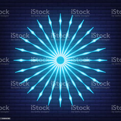 복고풍 디자인 라이트 선버스트 네온 스타일 글로우 기하학적 모양 빈티지 광선 폭발 아이콘 개념 벡터 일러스트 검은 벽에 고립 개념에 대한 스톡 벡터 아트 및 기타 이미지