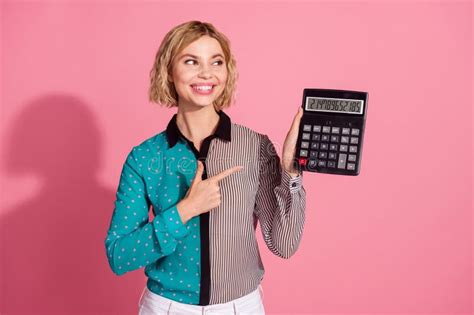 Photo Portrait Of Pretty Young Girl Point Calculator Look Empty Space Wear Trendy Striped Cyan Photo Portrait Of Pretty Young Girl Point Calculator Look Empty Space Wear Trendy Striped Cyan
