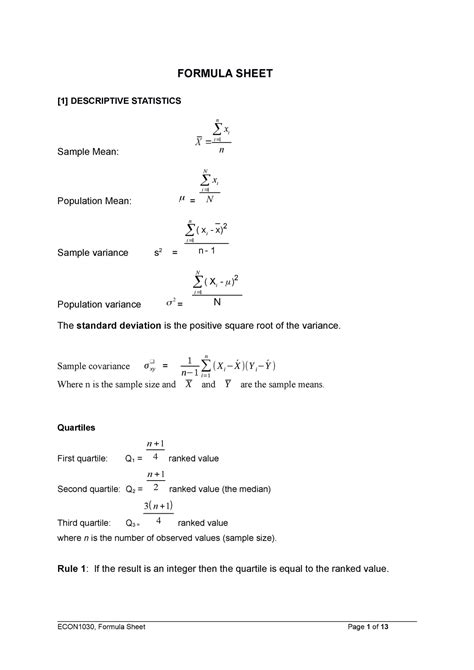 Formula Sheet Business Stats FORMULA SHEET DESCRIPTIVE STATISTICS N X I X I N Sample