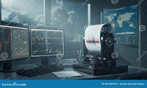 Seismograph Readings Showing Earthquake Waves With A Central Red Radiating Epicenter On A Grid