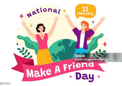 전국 친구 만들기 데이 벡터 일러스트 레이 션 2 월 11 일에 관찰 평면 만화 배경 디자인에서 누군가와 새로운 우정을 만나기 위해 가족에 대한 스톡 벡터 아트 및 기타
