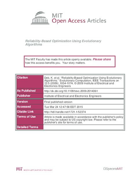 Pdf Reliability Based Optimization Using Evolutionary Algorithms