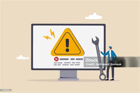 시스템 오류 소프트웨어 문제 또는 시스템 오류 보안 경고 또는 하드웨어 오류 주의 또는 유지 관리 개념 렌치를 들고 있는 젊은 기술자가 컴퓨터에서 시스템 오류 메시지를
