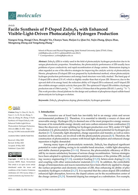 Pdf Facile Synthesis Of P Doped Znin2s4 With Enhanced Visible Light Driven Photocatalytic
