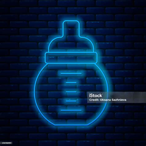 빛나는 네온 라인 아기 우유 병 아이콘 고립 벽돌 벽 배경 젖병 아이콘입니다 벡터 건강한 생활방식에 대한 스톡 벡터 아트 및 기타 이미지 건강한 생활방식 건강한 식생활