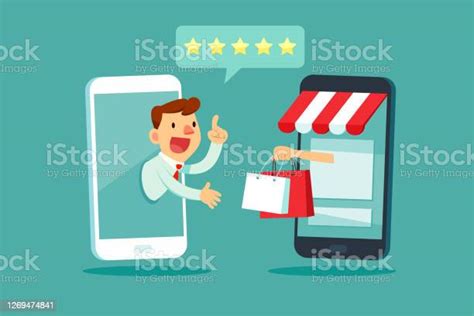 스마트 폰 화면에 사업가는 온라인 쇼핑 상점에 5 성급 등급을 제공합니다 가방에 대한 스톡 벡터 아트 및 기타 이미지 가방 개념 고객 Istock