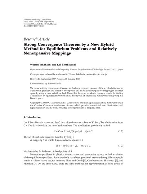Pdf Strong Convergence Theorem By A New Hybrid Method For Equilibrium