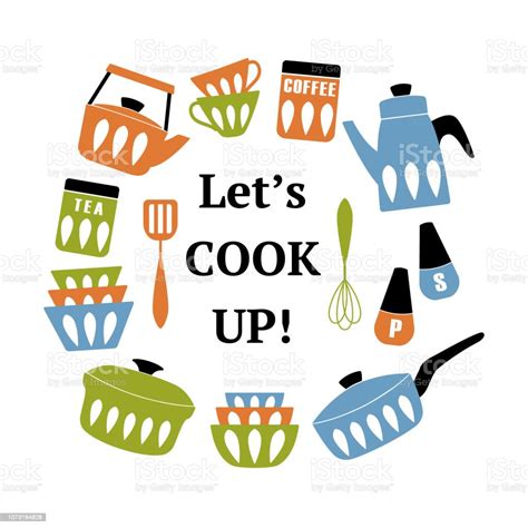 중앙 세기 현대 부엌 포스터 컬렉션 기구 하자 쿡을 문구와 함께 요리입니다 벡터 클립 아트입니다 인쇄에 대 한 좋은입니다 복고풍에 대한 스톡 벡터 아트 및 기타 이미지