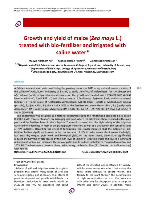 Pdf Growth And Yield Of Maize Zea Mays Ltreated With Bio Fertilizer And Irrigated With