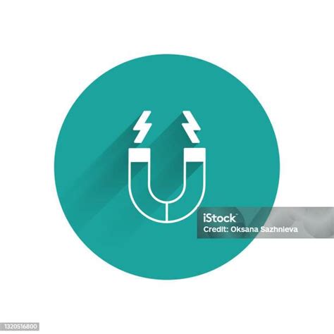 긴 그림자로 격리된 화이트 마그넷 아이콘입니다 말굽 자석 자기 자기 매력 녹색 원 버튼입니다 벡터 강철에 대한 스톡 벡터 아트 및 기타 이미지 Istock