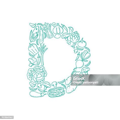 알파벳 야채 패턴 설정된 문자 D 그림 아이 손을 그리기 개념 디자인 녹색 색상 흰색 배경 벡터 Eps 10에 고립 0명에 대한 스톡 벡터 아트 및 기타 이미지 Istock