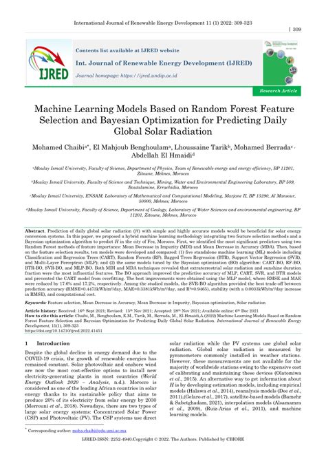 Pdf Machine Learning Models Based On Random Forest Feature Selection And Bayesian Optimization