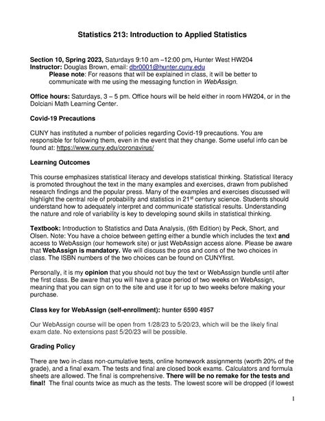 Stats 213 Syllabus 1 Statistics 213 Introduction To Applied Statistics Section 10 Spring