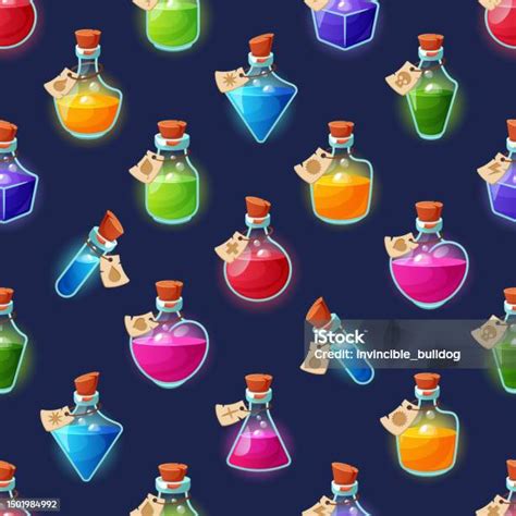 다양한 마법의 물약 병을 특징으로 하는 매혹적인 이음매 없는 패턴 기발하고 신비로운 느낌을 더하기에 완벽합니다 물약에 대한 스톡 벡터 아트 및 기타 이미지 Istock