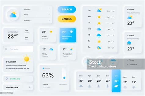 일기 예보 모바일 앱에 대한 사용자 인터페이스 요소 독특한 호형성 디자인 Ui Ux Gui Kit 요소 템플릿 노이모티즘 스타일