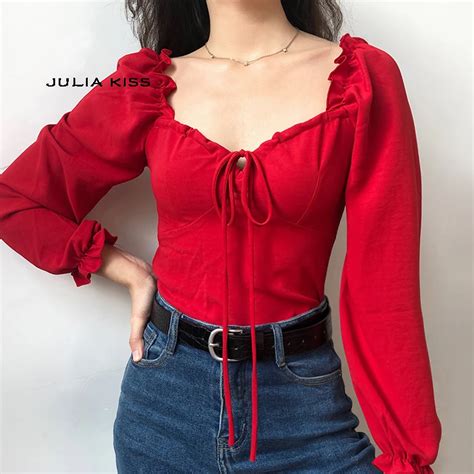 Women Vintage Sweetheart Neck Blouse Frill Elastic Puff Sleeve Top In Blouses And Shirts From