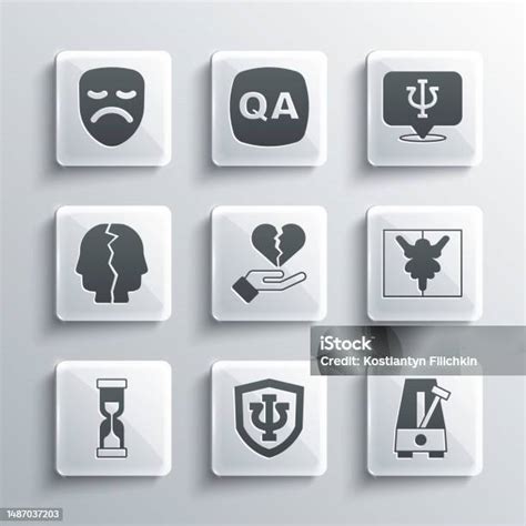 심리학 Psi 진자가 있는 메트로놈 로르샤흐 테스트 상심 이혼 오래된 모래시계 양극성 장애 드라마 연극 마스크 및 아이콘을 설정합니다 벡터 Mental Wellbeing에