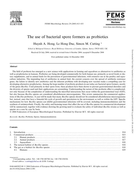 Hong Et Al 2004 The Use Of Bacterial Spore Formers As Probiotics Pdf Probiotic Bacillus