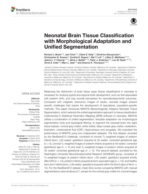 Pdf Neonatal Brain Tissue Classification With Morphological Adaptation And Unified Segmentation