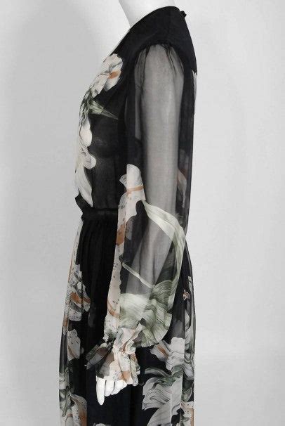 1977 Hanae Mori Couture Black Floral Print Silk Chiffon Goddess Gown W