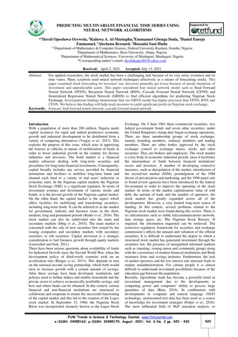 Pdf Predicting Multivariate Financial Time Series Using Neural Network Algorithms