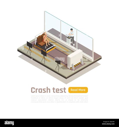 Crash Test Car Safety Isometric Composition With Read More Button Text And Testing Room Units