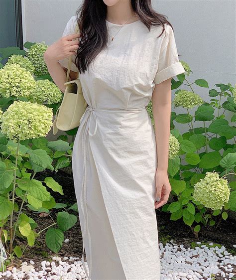 포에이엠 미엘 랩 스트랩 바스락 나일론 반팔 롱 원피스