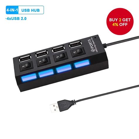 Usb 2 0 4 In 1 Hub Multiport With Independent Led Power Switch Multi Extender Data Card Reader