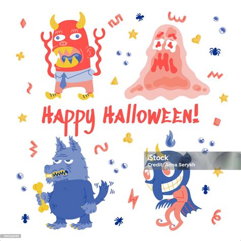 몬스터 만화 캐릭터 세트 짐승 슬라임 슬러그 늑대 악마와 작은 패턴과 손으로 그린 벡터 그림 미스터리 미스터리 파티 포스터